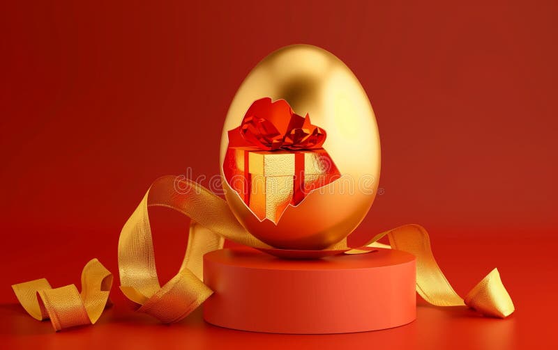 Golden Egg with Gift Box Inside on Podium Isolated on Red Background ...