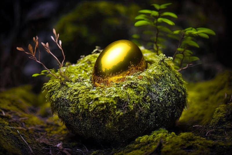 Golden Egg in the Moss. Generative Ai. an Abandoned Golden Egg in the ...