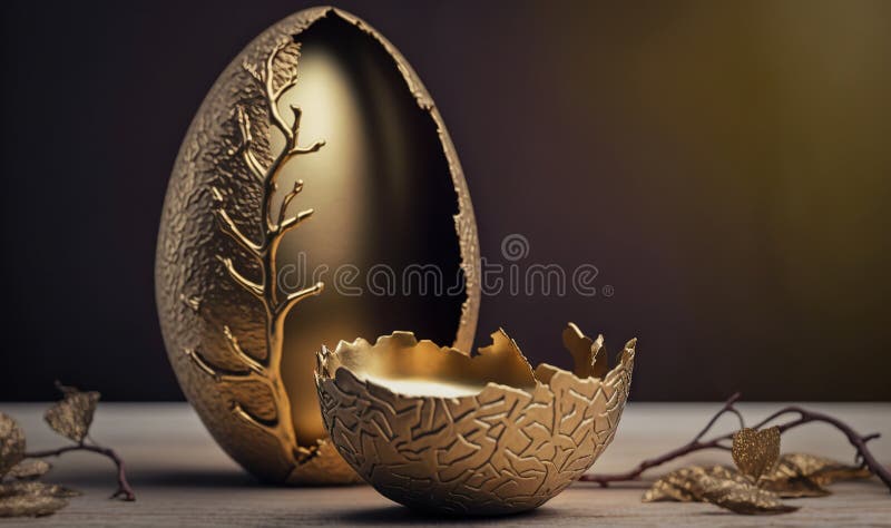 A Golden Egg Shell with a Leafy Pattern on it and a Leafy Pattern on ...