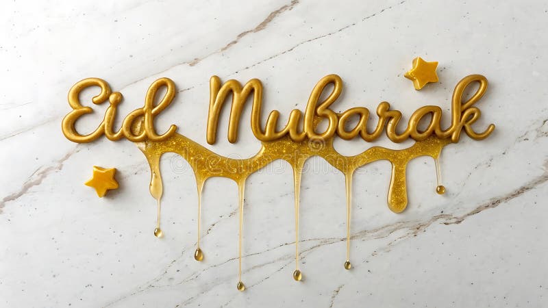 Golden Eid Mubarak Script with Glitter Drips and Stars on Marble ...