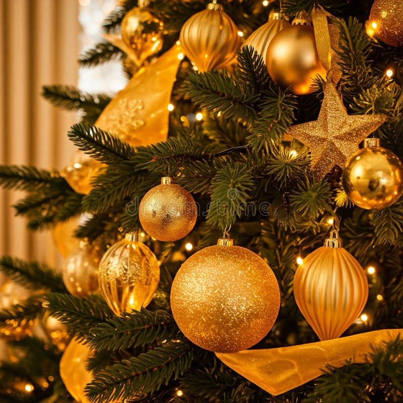 Golden Elegance Christmas Tree with Sparkling Lights Stock Illustration ...