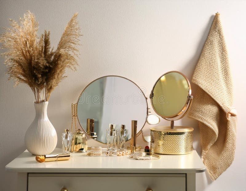 Golden Elegance: Composition with Gold Accessories on Dressing Table ...