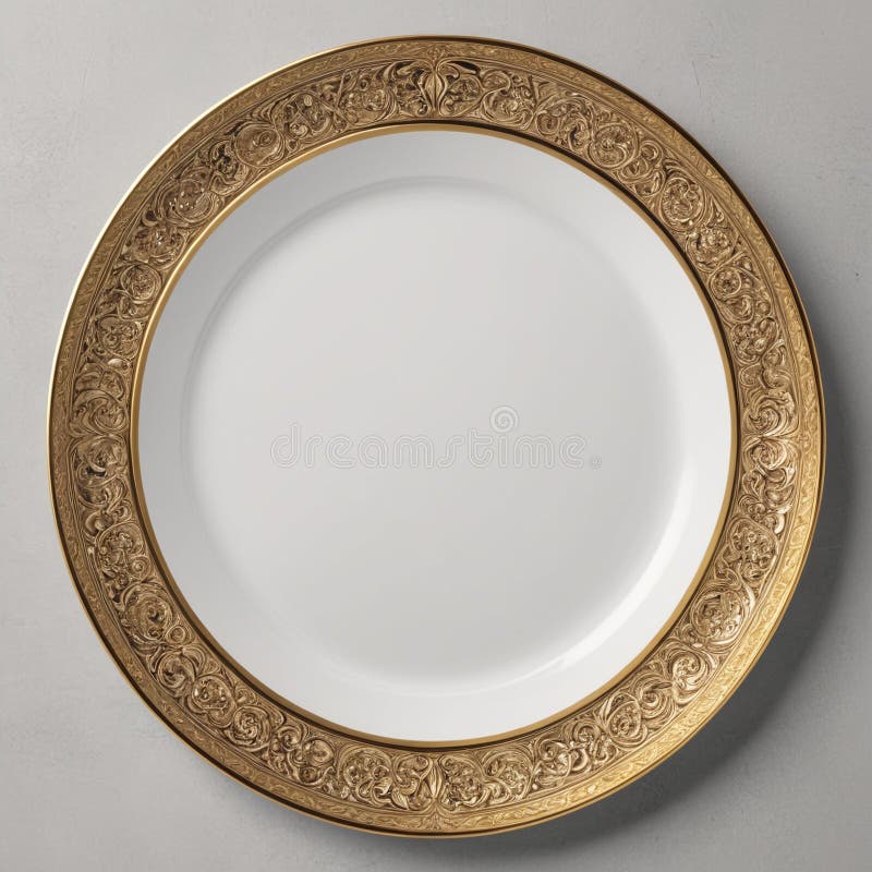 Golden Elegance Stylish Plate with Gilded Rim on White Background Stock ...