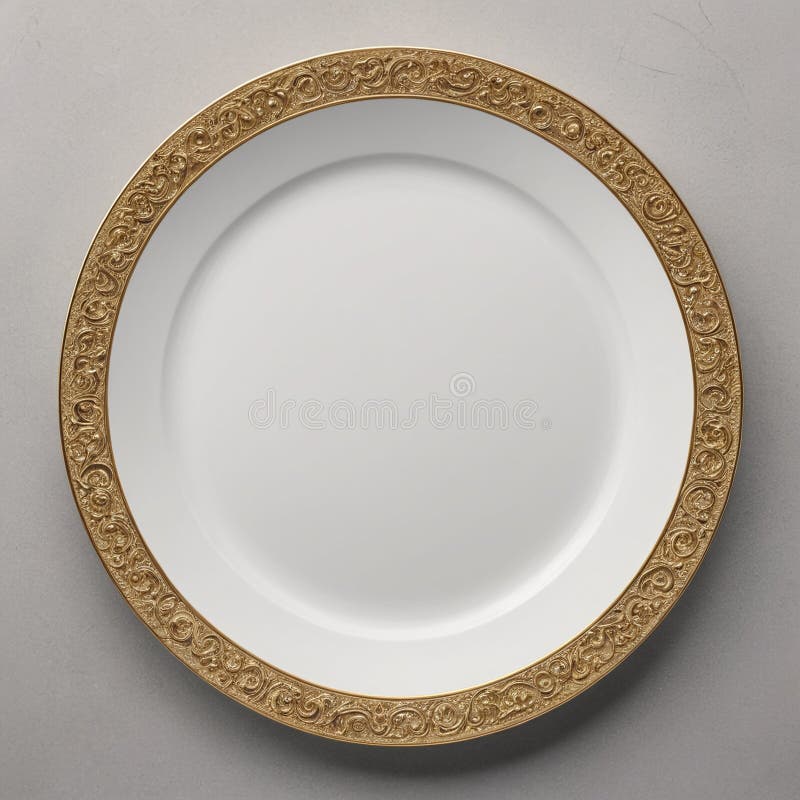 Golden Elegance Stylish Plate with Gilded Rim on White Background Stock ...
