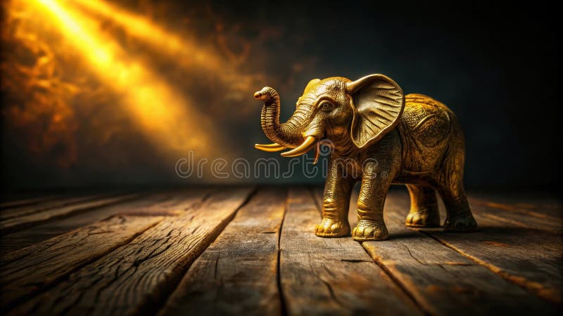 Golden Elephant Figurine on Rustic Wooden Surface with Dramatic ...