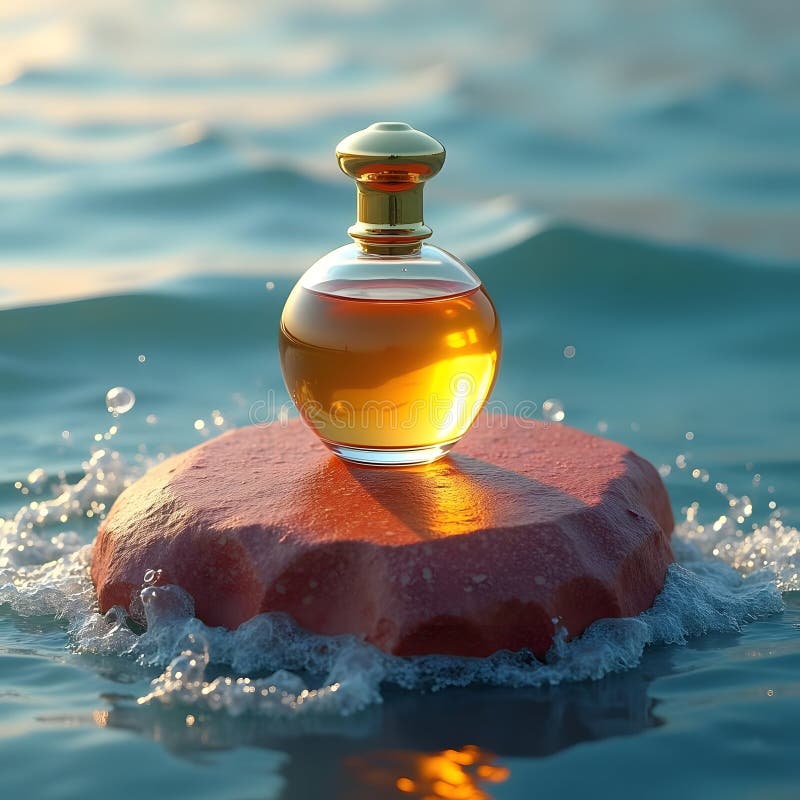 Golden Elixir Bottle on Red Sandstone Beach, Ocean Waves & Soft ...
