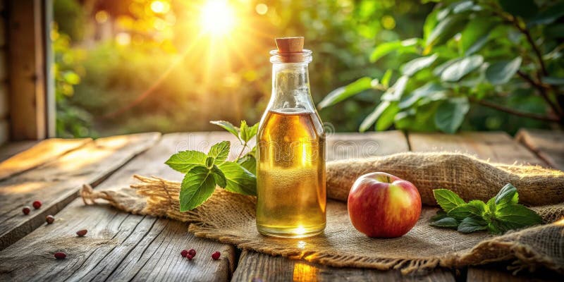 Golden Elixir in Glass Bottle with Apple and Mint Leaves on Rustic ...