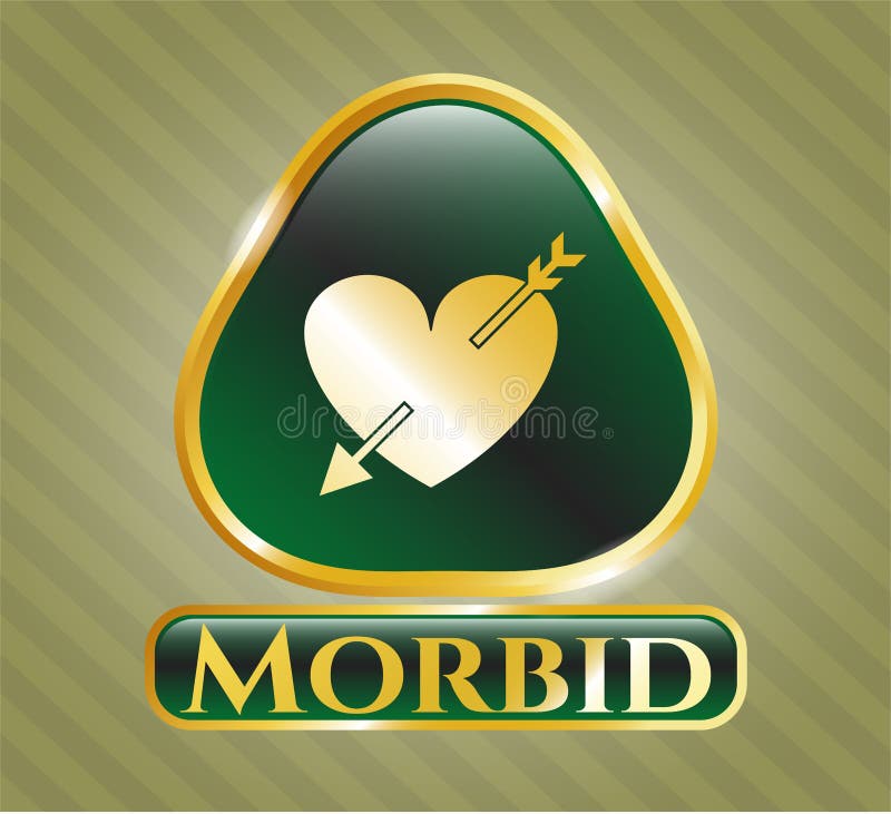 Golden Emblem with Heart with Arrow Icon and Morbid Text Inside EPS10 ...