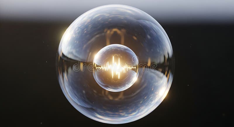 Golden Energy Pulse within Nested Reflective Bubbles Over a Serene Horizon Stock Illustration ...