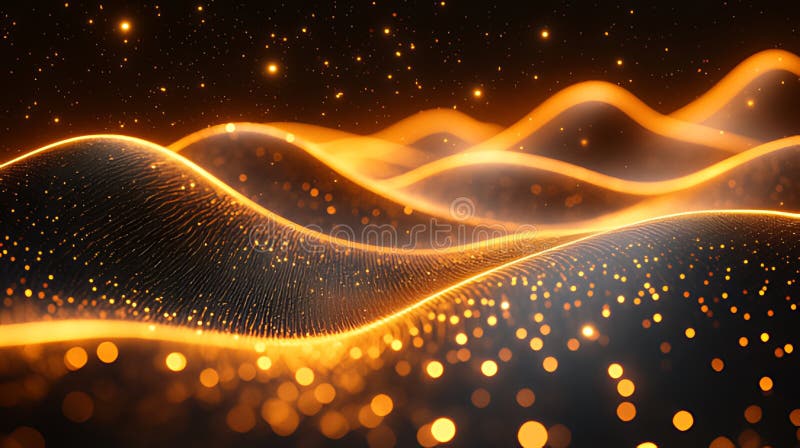 Golden Energy Waves Flow on Dark Background, Sparkling, for Luxury ...