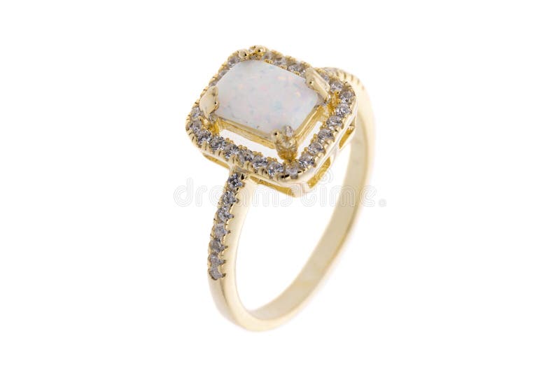 Golden Engagement Ring with Opal and Zirconium, Isolated on White Stock ...