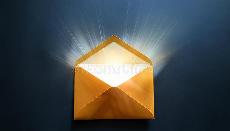 Golden Envelope Emanating Light Beams on Dark Background Stock ...