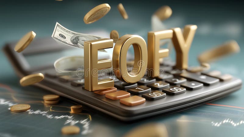 Golden Eofy Text on Calculator with Falling Money Stock Illustration ...