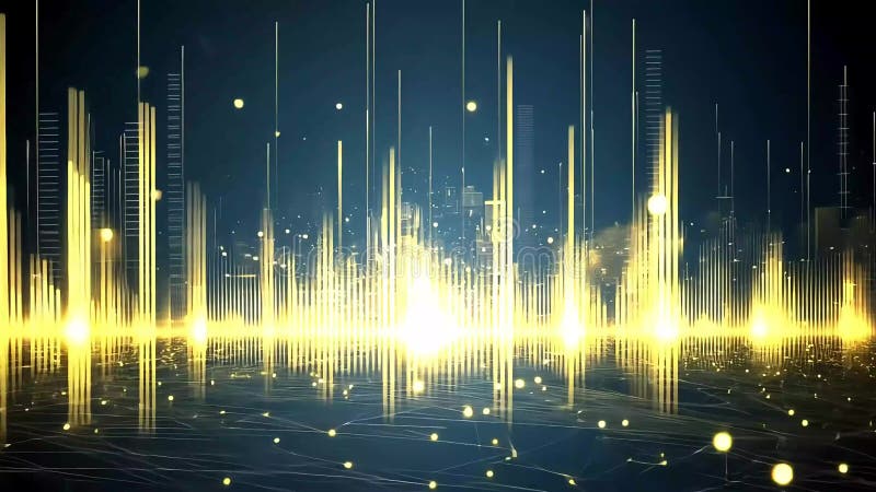 Golden Equalizer Bars Rise and Fall, Reflected on a Dark, Sparkling Surface, Evoking Music ...