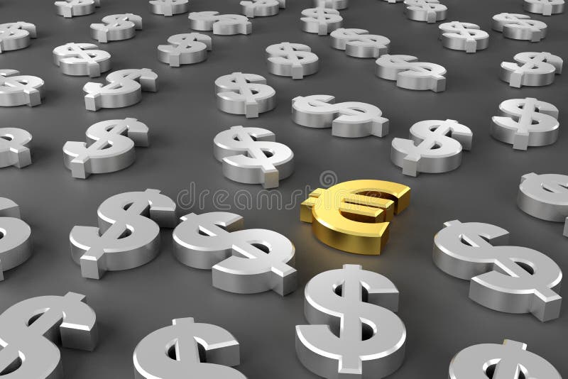 Golden Euro Sign in the Midst of Silver Dollar Signs. 3D Rendering ...