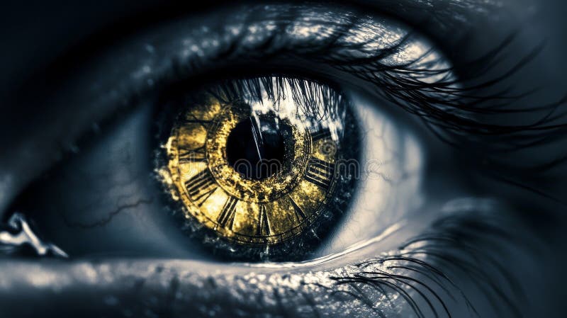 Golden Eye Close-up with Clock Overlay Symbolizing Time and Reflection ...