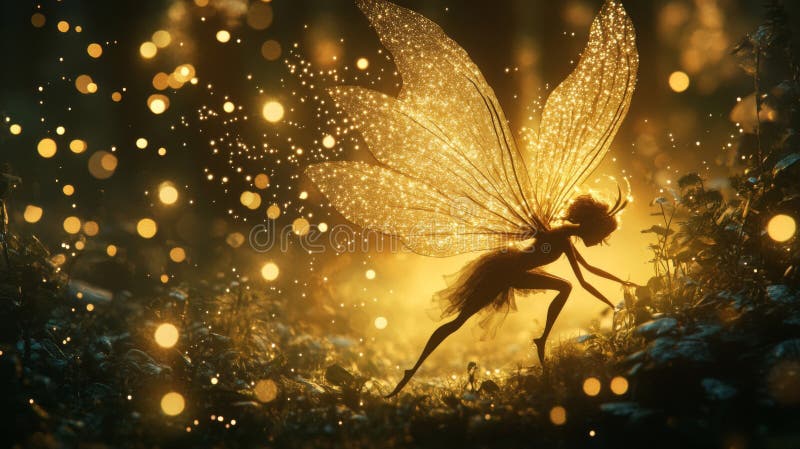 Golden Fairy in Sparkling Forest at Night Stock Illustration ...