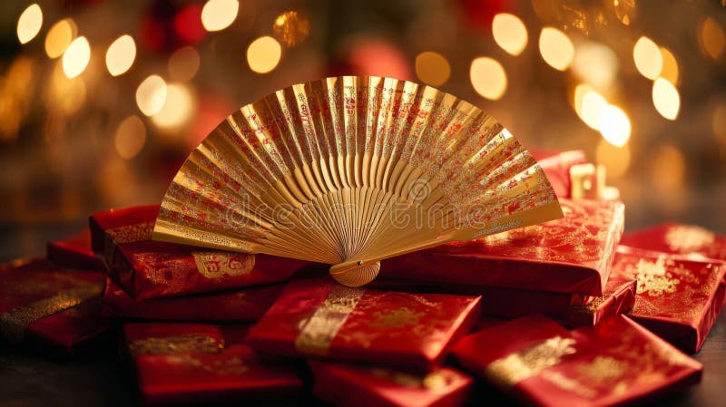 Golden Fan Rests on a Pile of Red Gift Boxes Stock Illustration ...