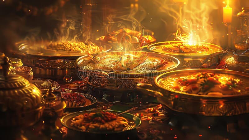 Golden Feast, a Table Setting of Delicious Dishes Stock Illustration ...