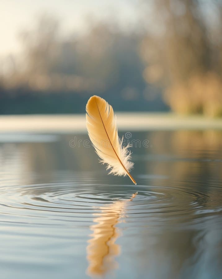 Golden Feather Floating on Calm River Water Stock Photo - Image of ...