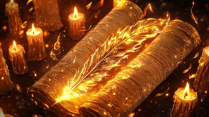 A Golden Feather Glides Over Ancient Scrolls, Lit by Soft Candlelight ...