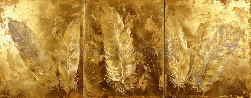 Golden Feather Triptych on Marbled Wall Art Decor. Stock Image - Image ...