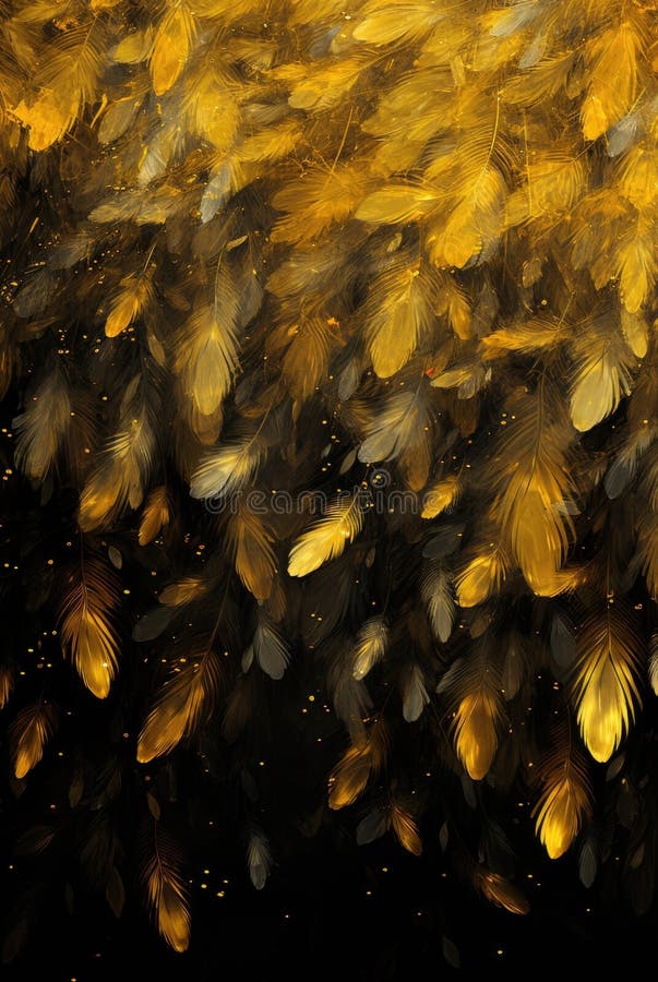 Golden Feathers Falling on a Black Background, AI Stock Image - Image ...