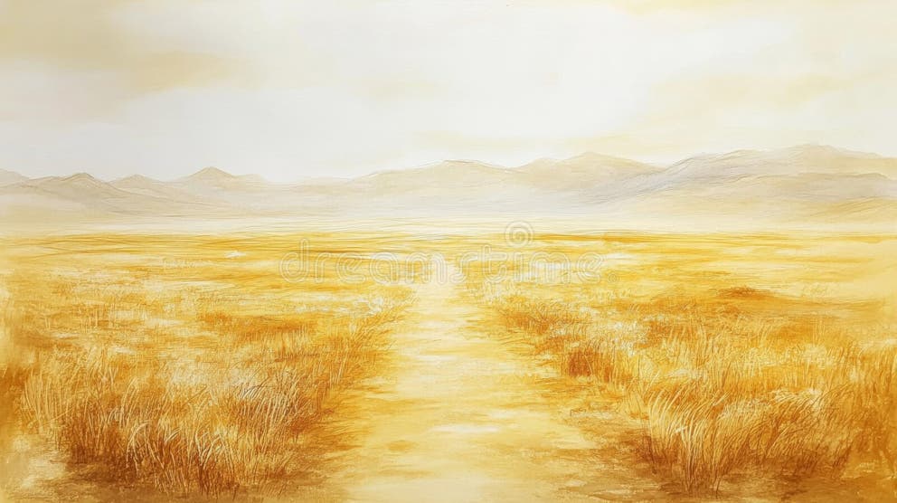 Golden Field Path at Sunset Landscape Stock Illustration - Illustration ...