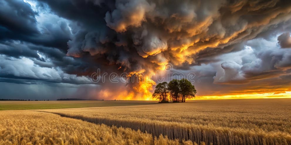 Golden Field Under a Dramatic Sunset Sky with Approaching Storm Clouds. Generative AI Stock ...