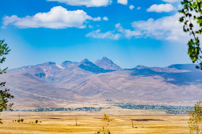 Golden Fields and a High Mountain. Beautiful Mountain Landscape Stock ...