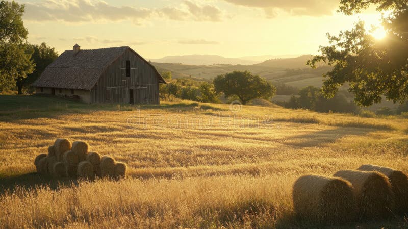 Golden Fields and a Rustic Barn Under a Sunset Sky Stock Illustration ...