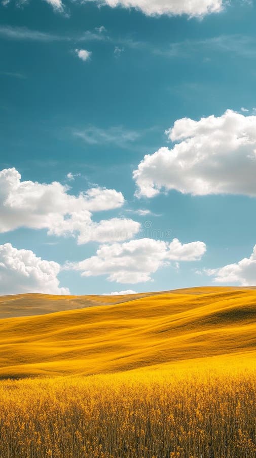 Golden Fields Under Bright Blue Sky with Clouds Stock Image - Image of ...