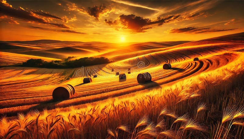 Golden Fields Under a Brilliant Sunset, Sweeping Countryside. Stock ...
