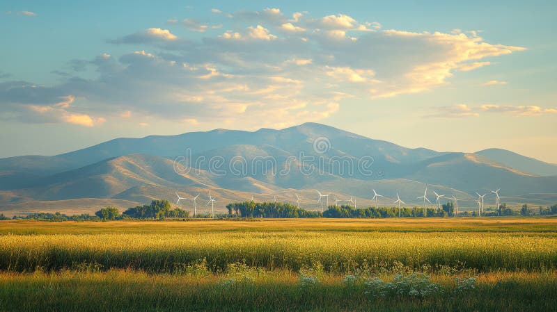 Golden Fields Wind Turbines Mountain Landscape Stock Illustration ...