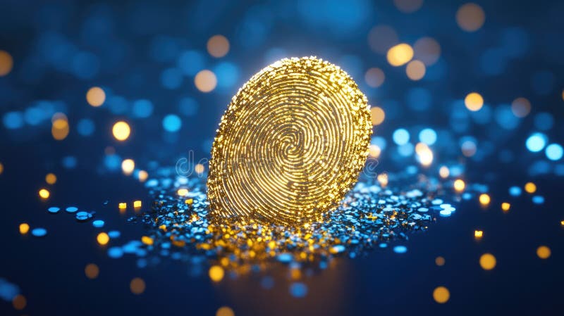 Golden Fingerprint on Dark Blue Background. Personal Identification and ...
