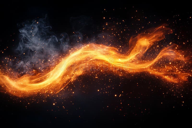 Golden Fire Wave Flowing on Black Background with Sparks and Smoke ...