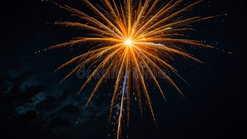 Golden Firework Exploding in Night Sky with Clouds Stock Image - Image ...