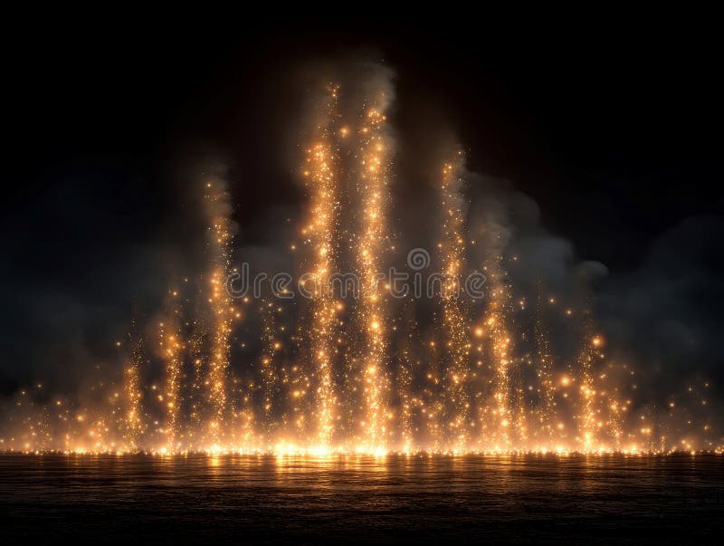 Golden Firework-like Explosion Over a Black Night Sky, Reflected on ...