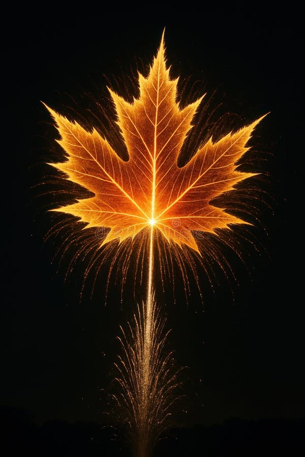Golden Firework Shaped Like a Maple Leaf Exploding in the Night Sky ...
