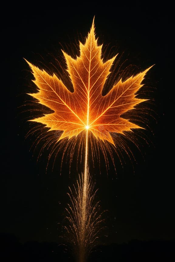 Golden Firework Shaped Like a Maple Leaf Exploding in the Night Sky ...