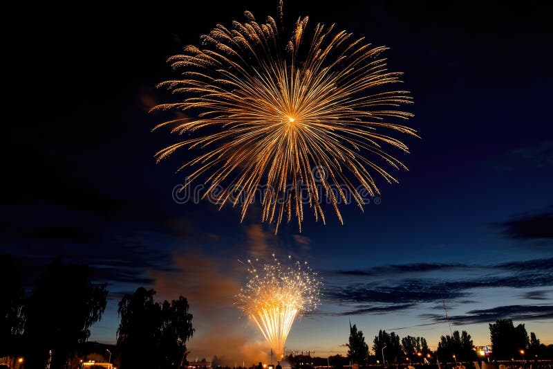 Golden Fireworks Display Illuminating Night Sky with Silhouetted Trees ...