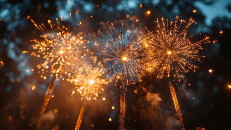 Golden Fireworks Exploding in Night Sky during Festive Celebration ...