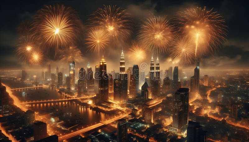 Golden Fireworks Exploding Over City Skyline at Midnight Background ...