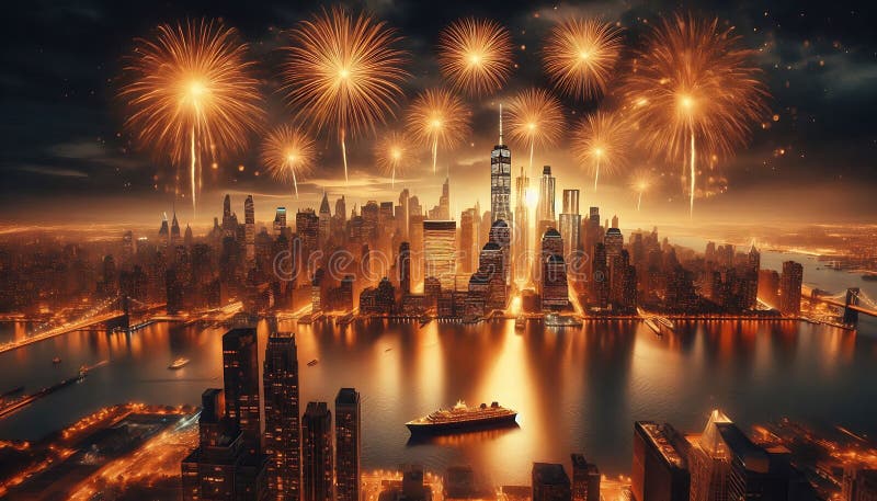 Golden Fireworks Exploding Over City Skyline at Midnight Background ...