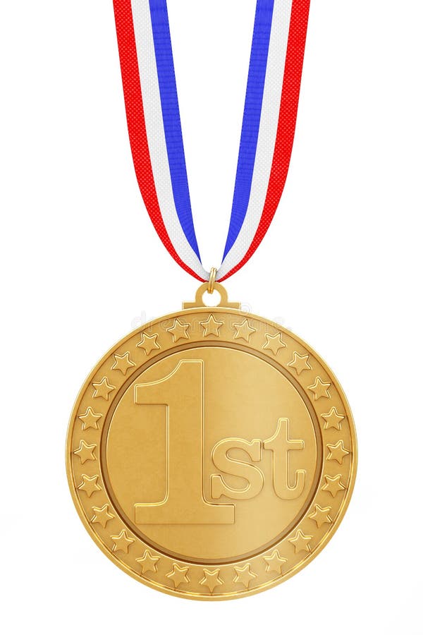 Golden First Place Winners Medal with Ribbon. 3d Rendering Stock ...