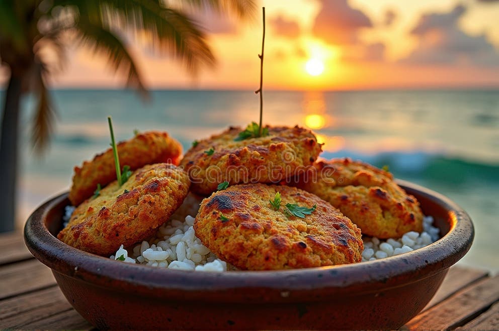 Golden Fish Cakes on Rice at Tropical Beach Sunset Stock Photo - Image ...