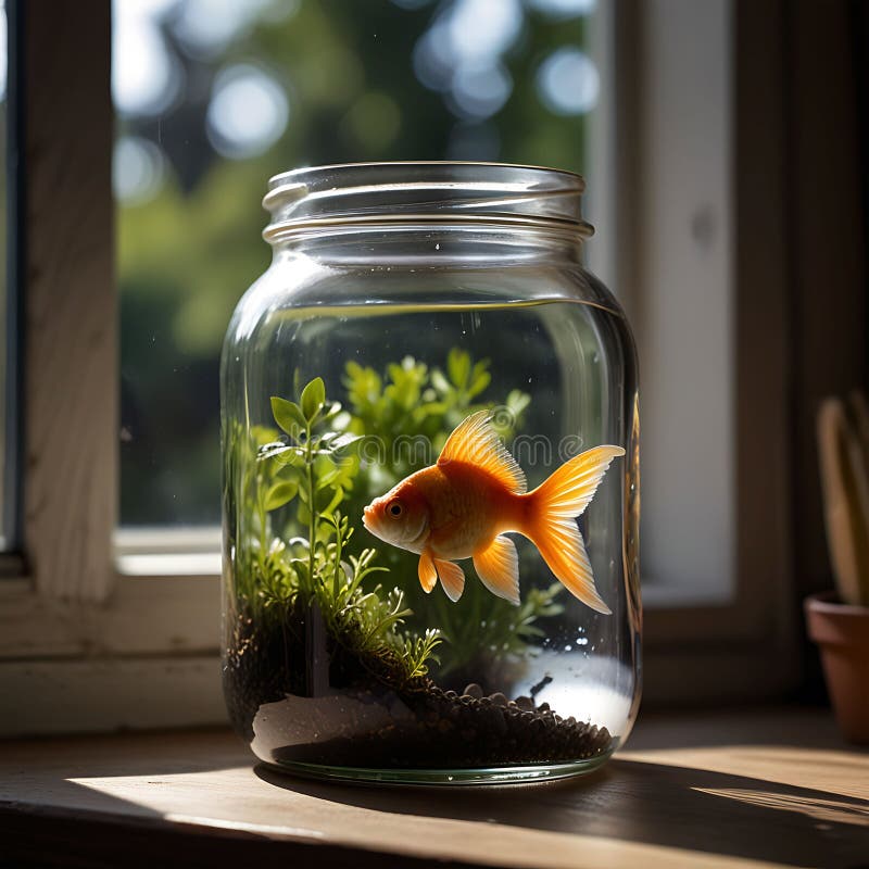 Golden Fish in a Glass Jar Aquarium Stock Illustration - Illustration ...
