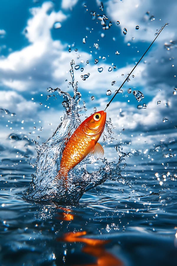 Golden Fish Leaping from Water with Splash and Sky Background Stock ...