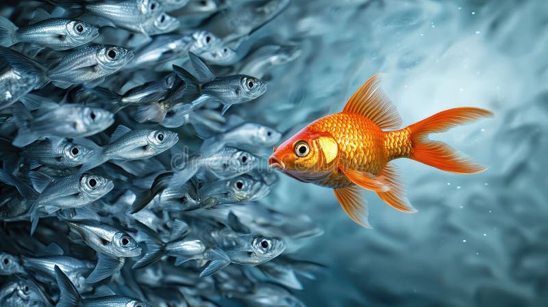 Golden Fish Swimming among Silver Fish in Vibrant Underwater Scene ...