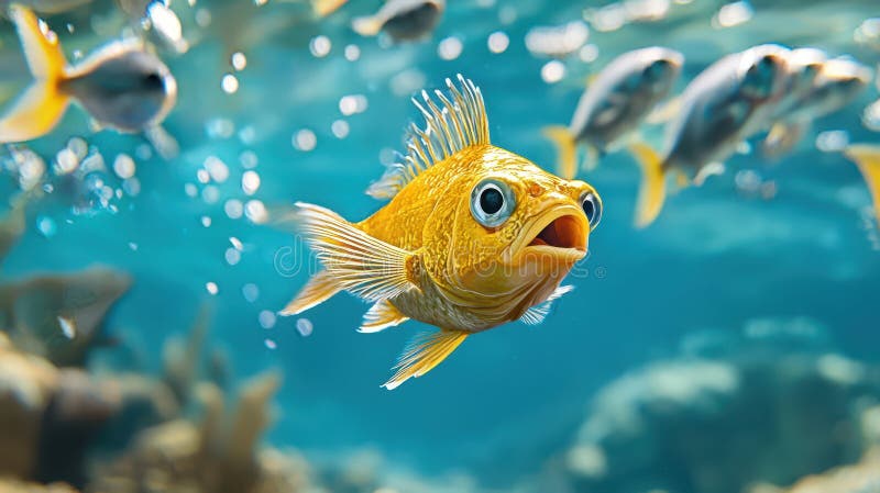 Golden Fish Swimming among Silver Fish in Vibrant Underwater Scene ...